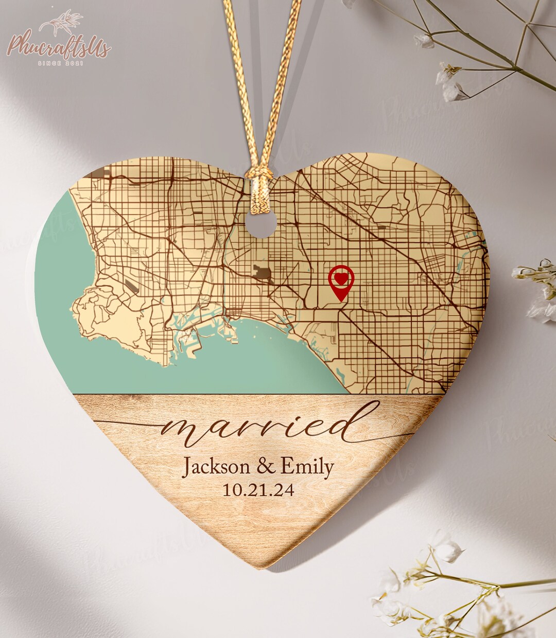 Custom Location Map Wedding Ornament, Married Ornament, Wedding ...