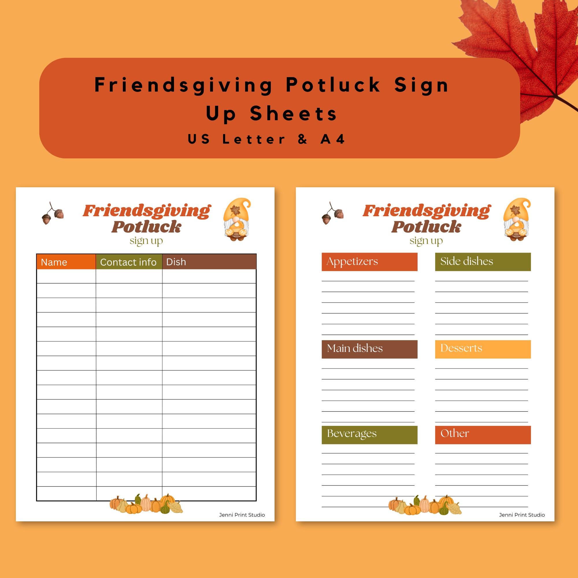 Friendsgiving Potluck Sign-up Sheet: Printable Food List, Thanksgiving ...