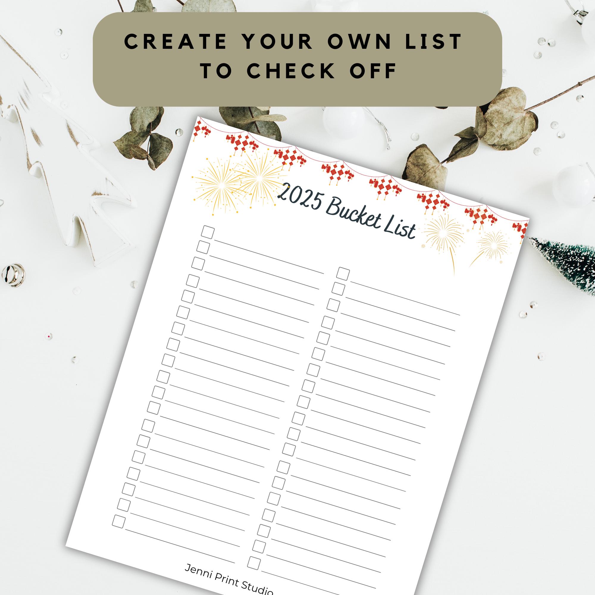 2025 New Year Bucket List, Printable or Fillable PDF Checklist, Ideas ...