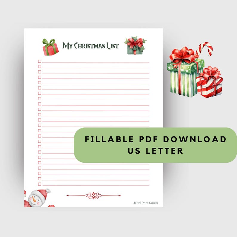 Printable Fillable PDF Christmas List for Gift Giving, Holiday Shopping ...
