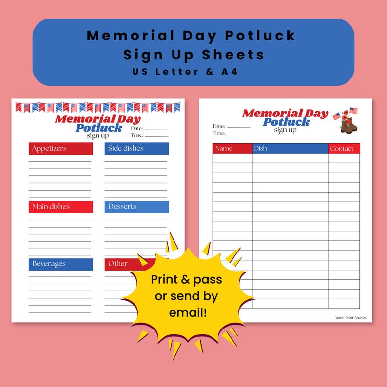 Memorial Day Potluck Sign-up Sheet Fillable Printable, Memorial Day ...