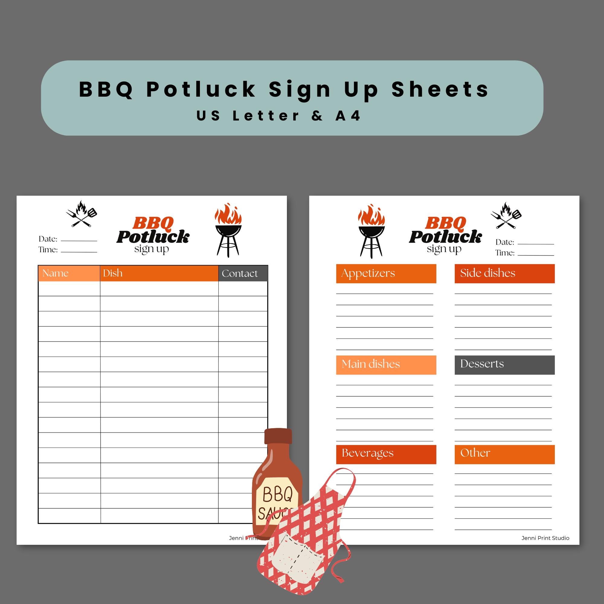 BBQ Potluck Sign-up Sheet, Fillable Editable Printable PDF, Summer ...
