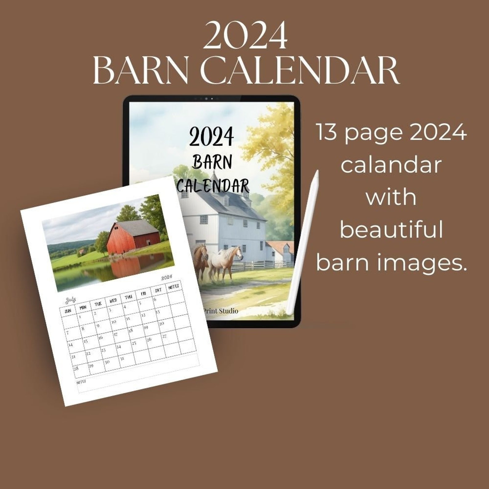 2024 Barn Calendar Printable Instant Download Monthly Desk Calendar ...