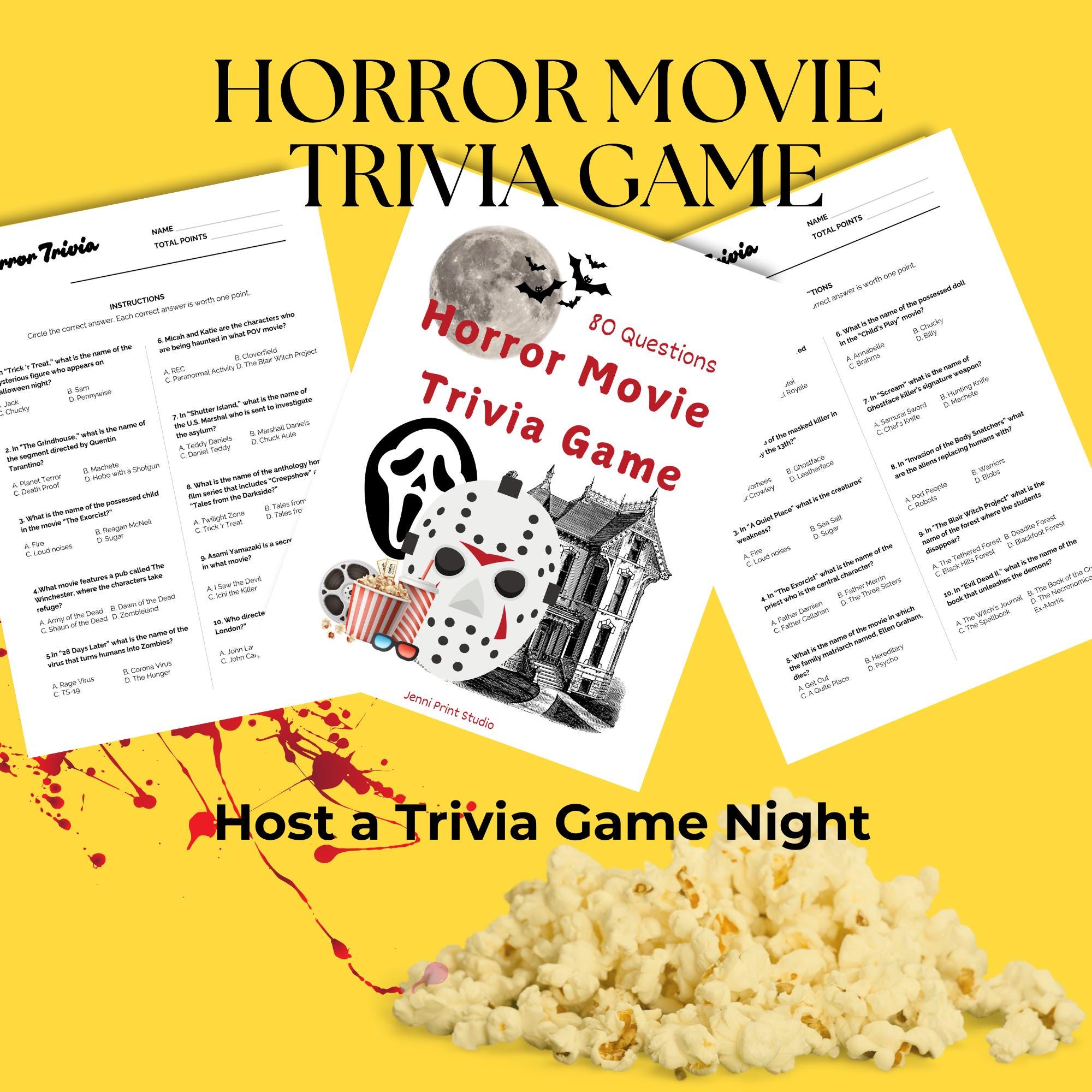 Horror Movie Trivia Game, Printable, 80 Questions, 8 Rounds, Horror ...