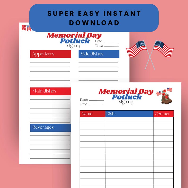 Memorial Day Potluck Sign-up Sheet Fillable Printable, Memorial Day ...