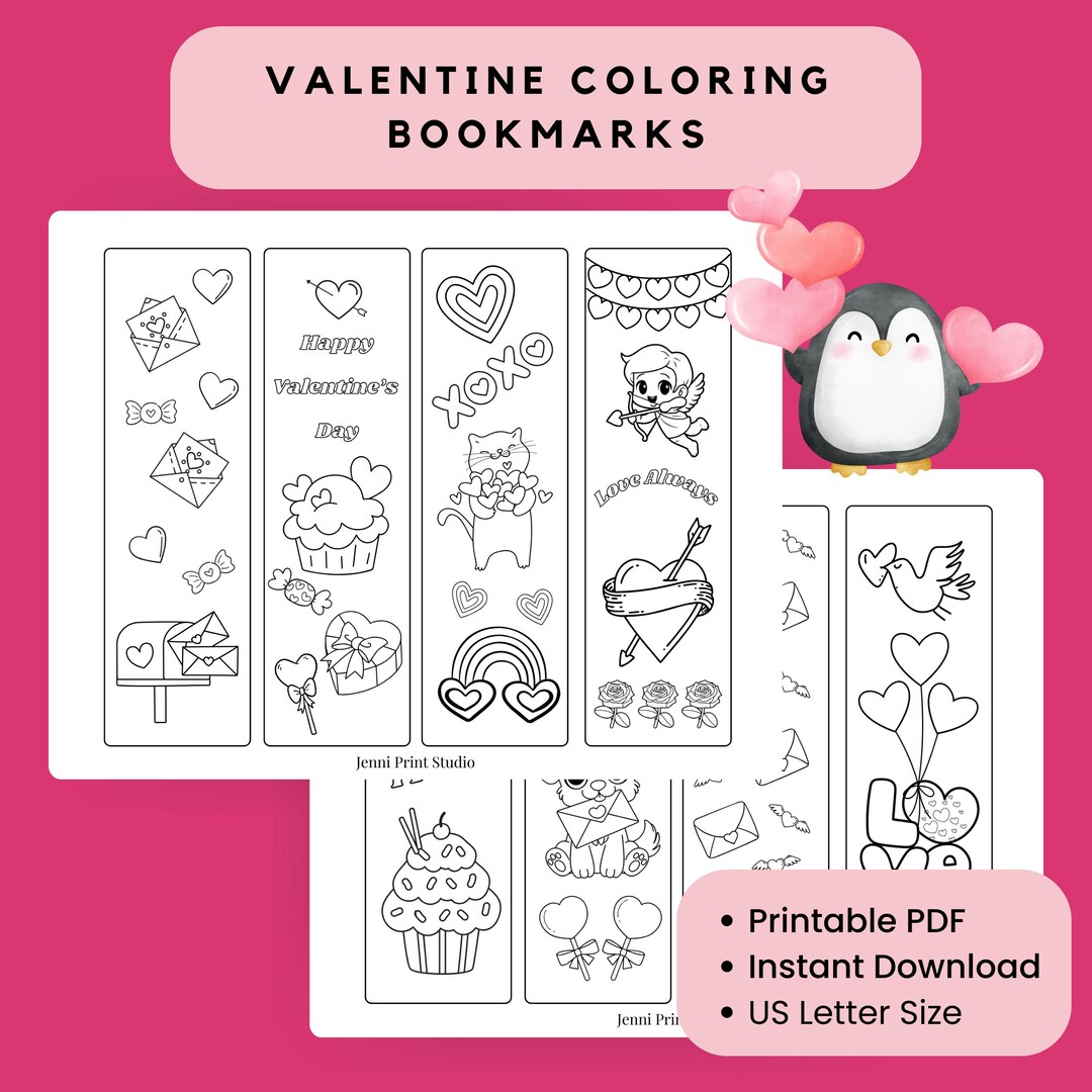Valentine Coloring Bookmarks: Printable Bookmark, DIY Kid's Activity ...