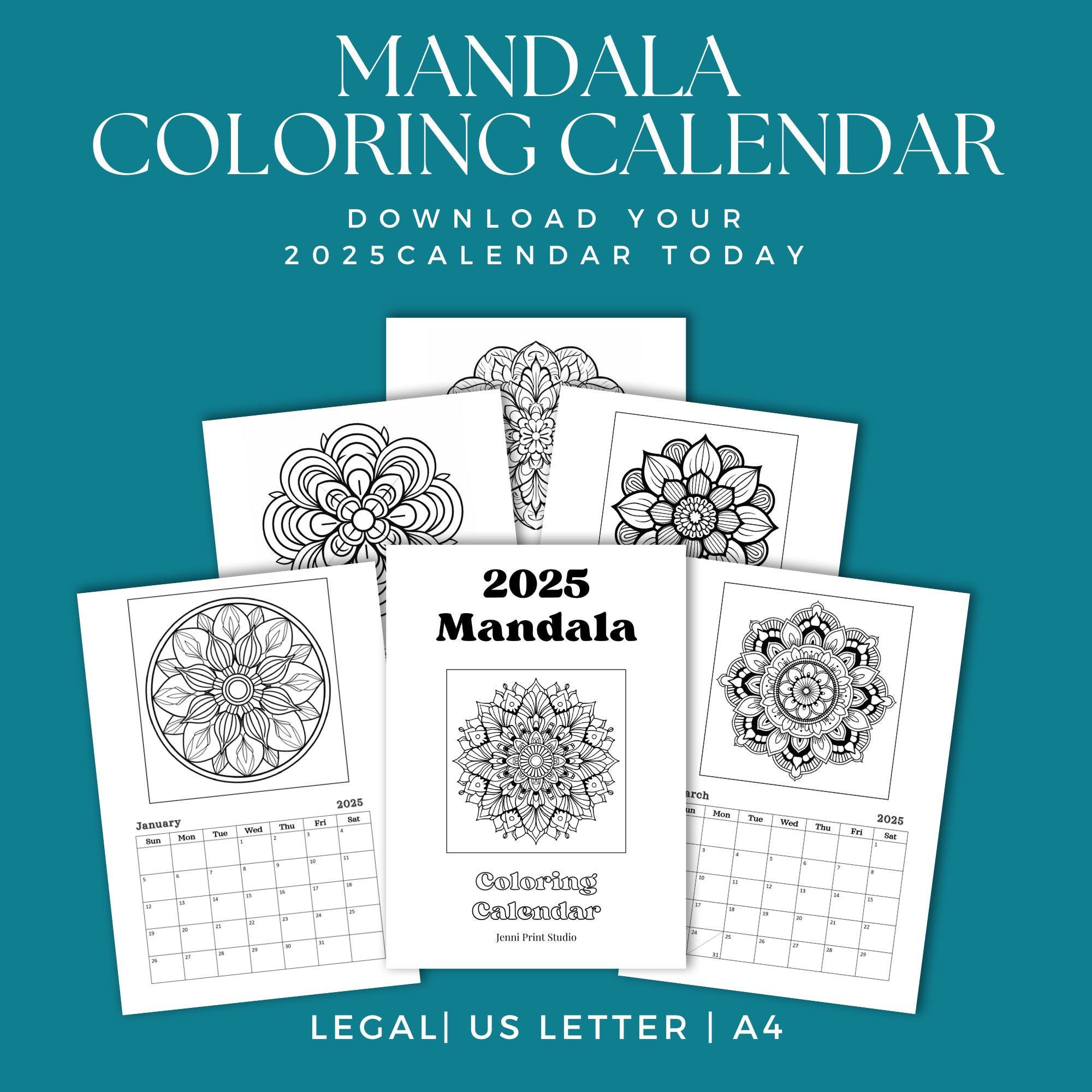 Mandala Coloring Calendar 2025 Printable, Various Sizes, Print Wall ...