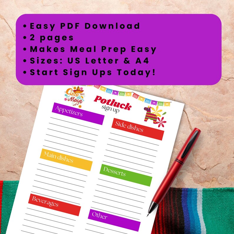 Cinco De Mayo Potluck Sign-up Sheet Printable, Mexican Fiesta Party ...