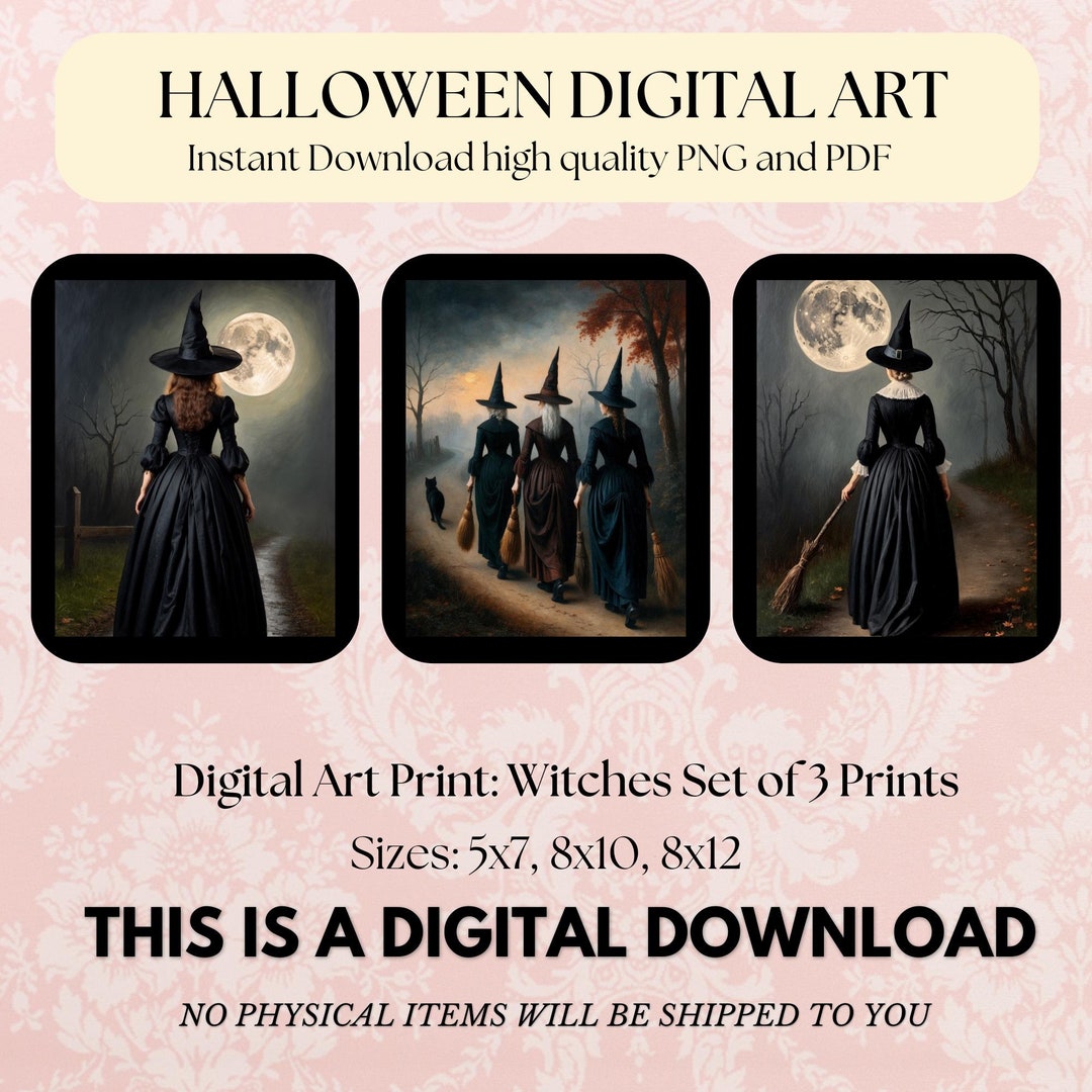 Witches With Brooms Art Print Set: Witchy Wall Art, Printable Spooky ...