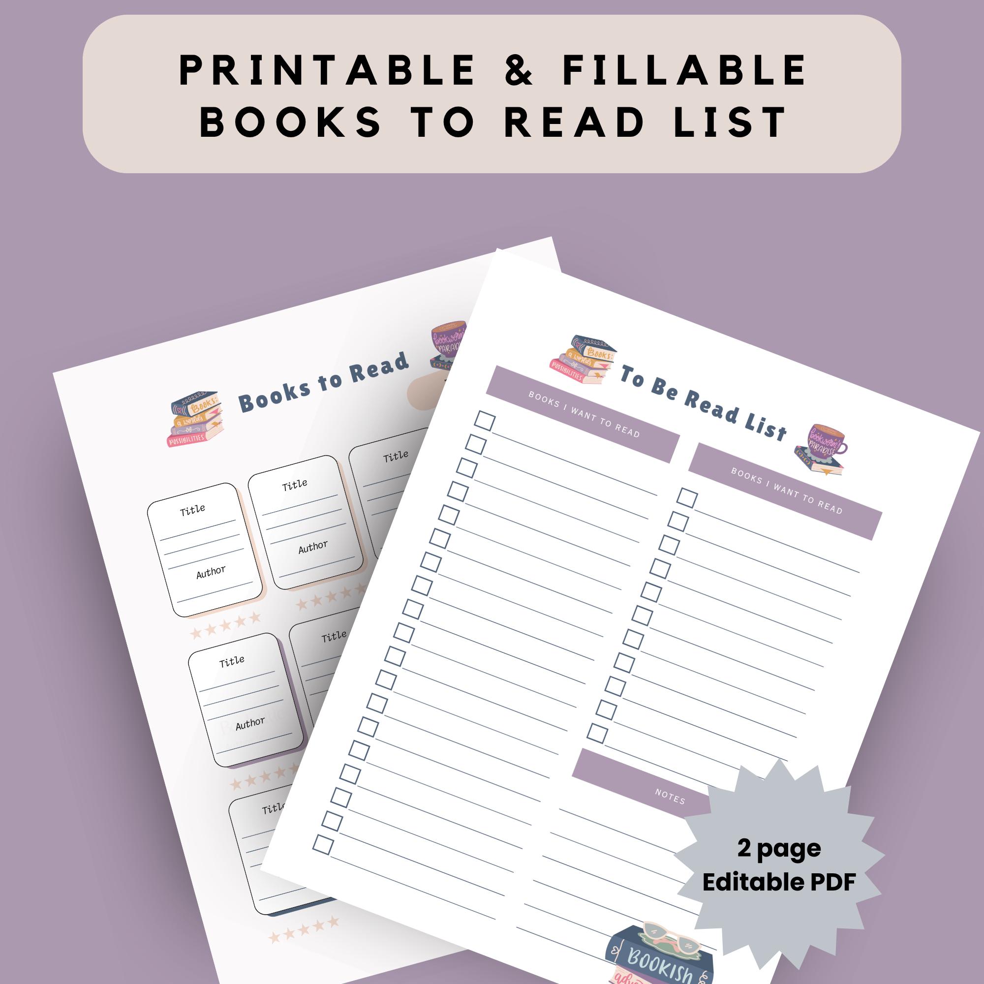 Printable to Be Read List: Editable Book Tracker Reading Log (fillable ...