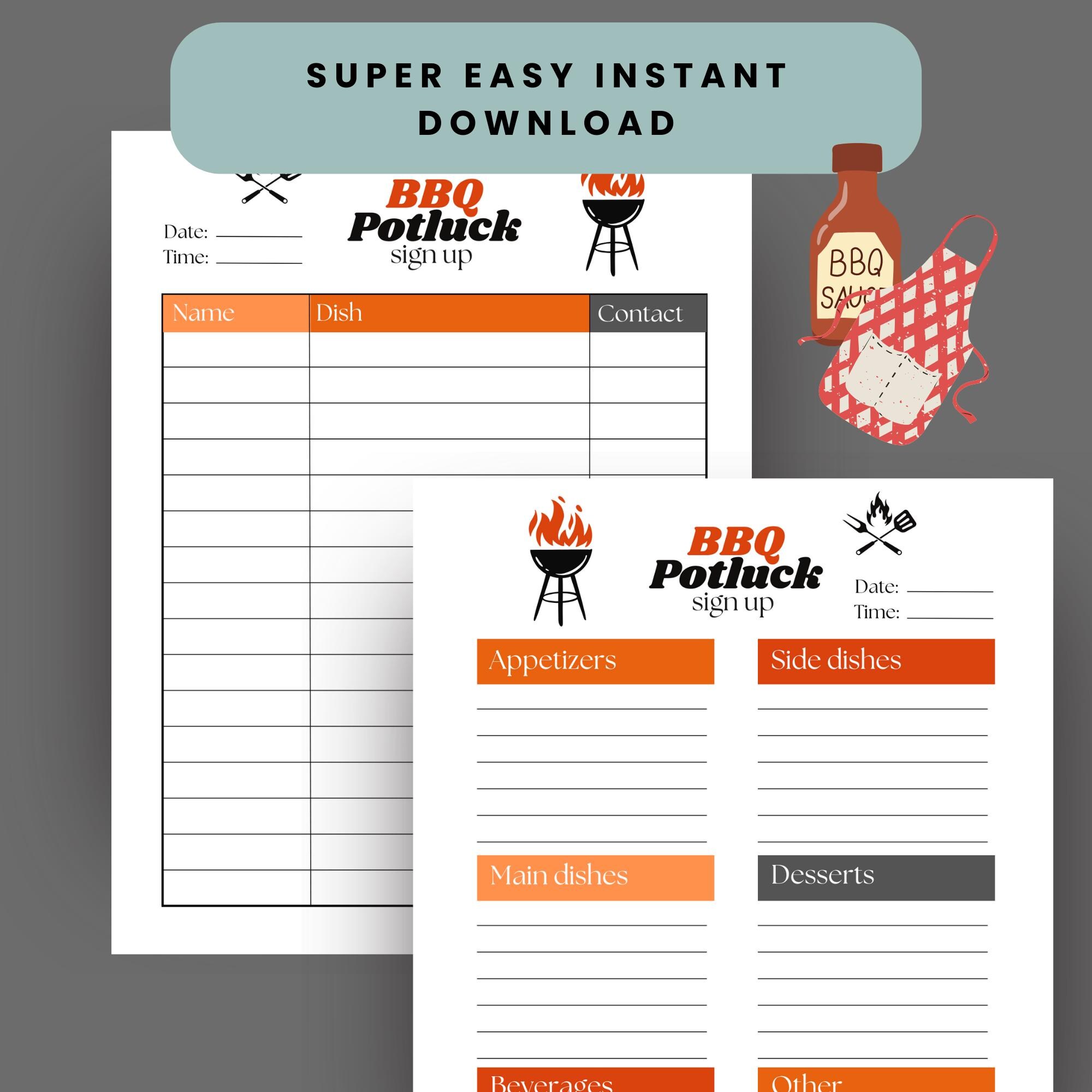 BBQ Potluck Sign-up Sheet, Fillable Editable Printable PDF, Summer ...