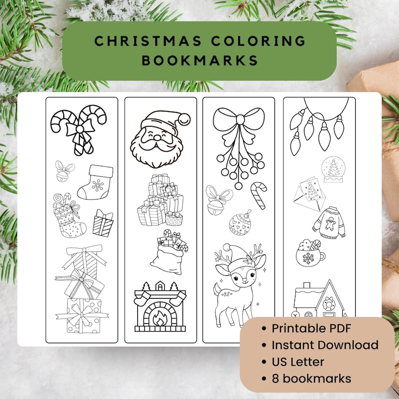 Christmas Coloring Bookmarks: Printable Holiday Bookmarks, DIY Kid's ...