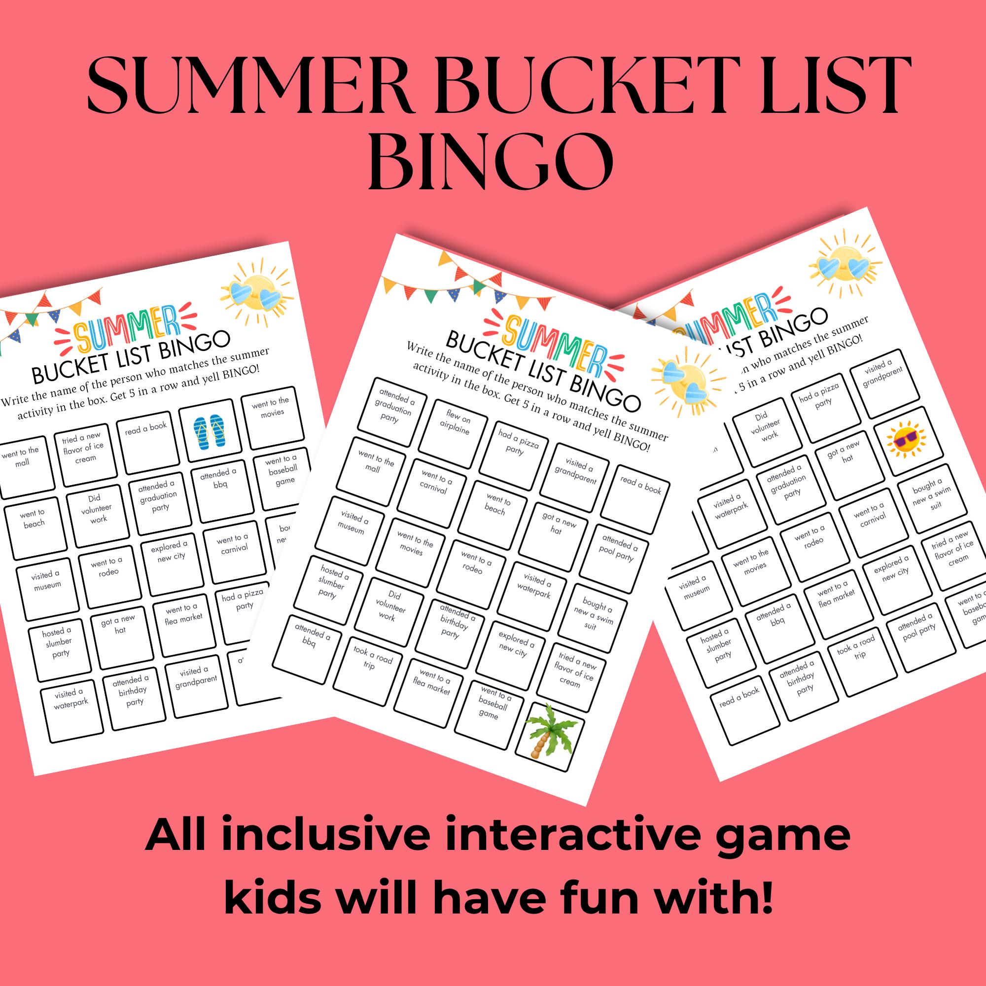 Summer Bucket List Bingo Game, Kids Summer Party Printable, Find ...