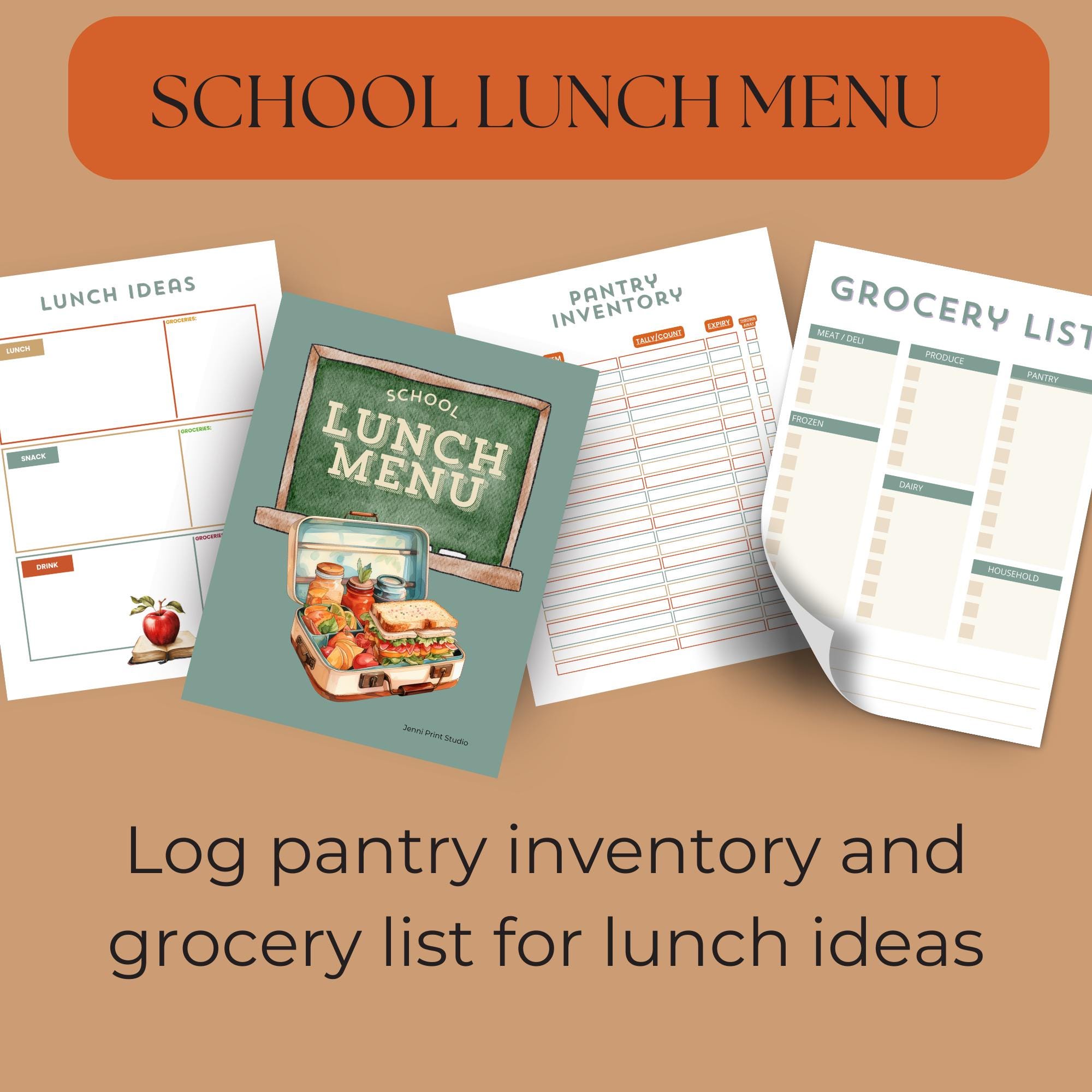 School Lunch Planner Printable: Weekly Menu, Grocery List (instant ...