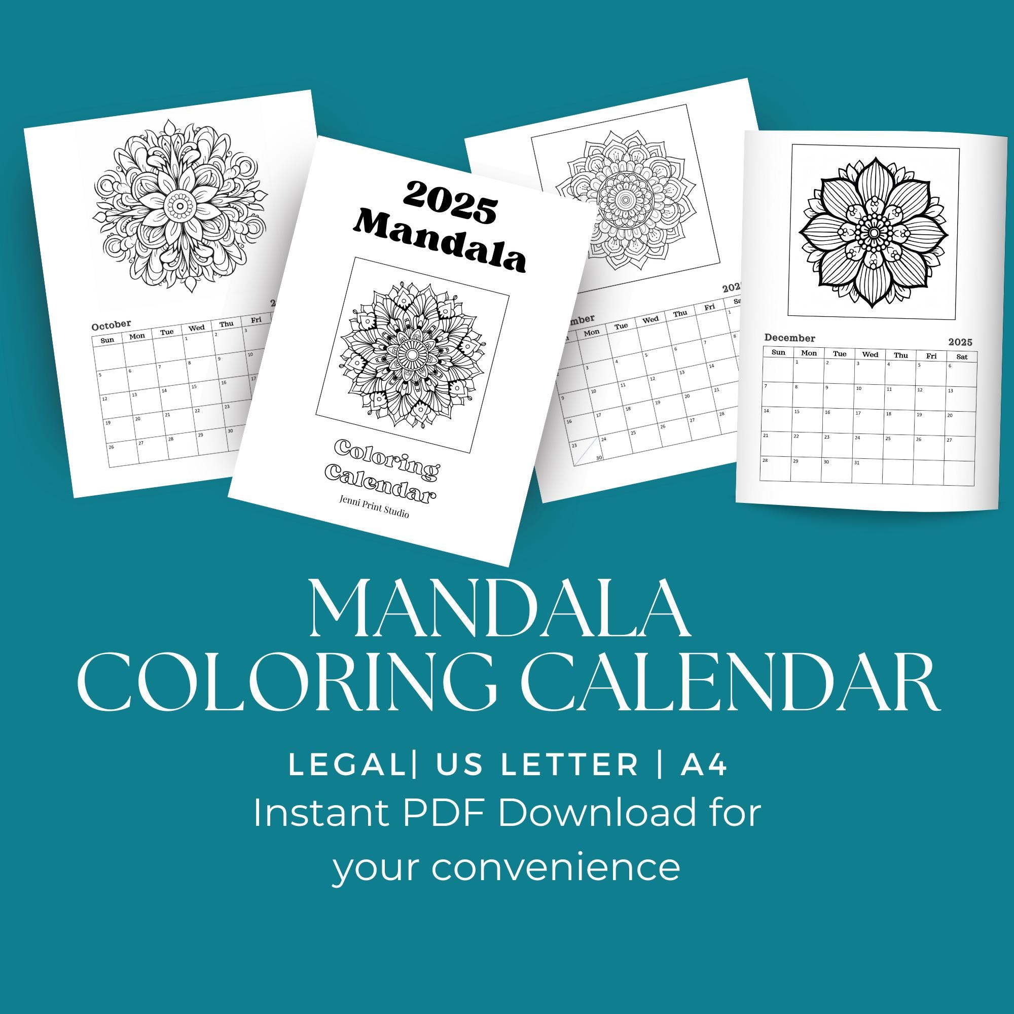 Mandala Coloring Calendar 2025 Printable, Various Sizes, Print Wall ...