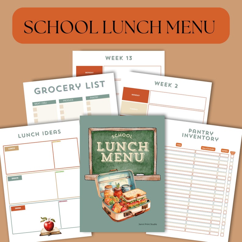 School Lunch Planner Printable: Weekly Menu, Grocery List (instant ...