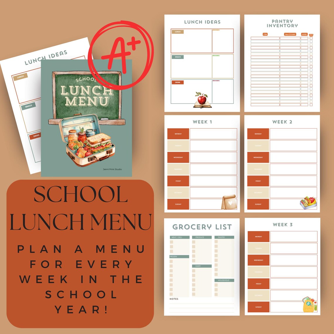 School Lunch Planner Printable: Weekly Menu, Grocery List (instant ...