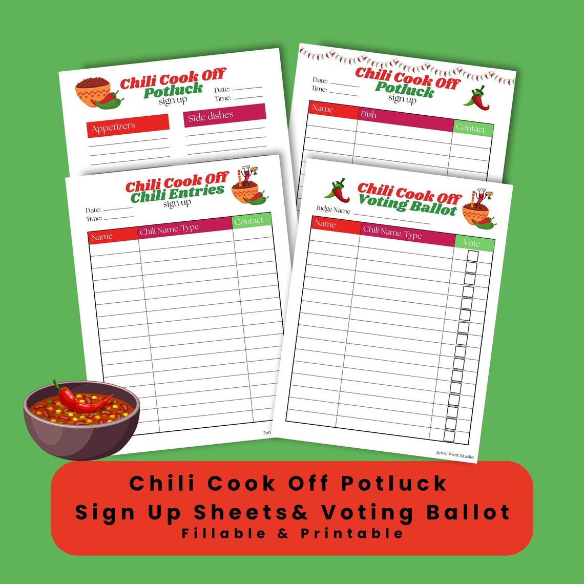 Chili Cook-off Sign-up Sheet: Editable Ballot and Potluck (printable ...
