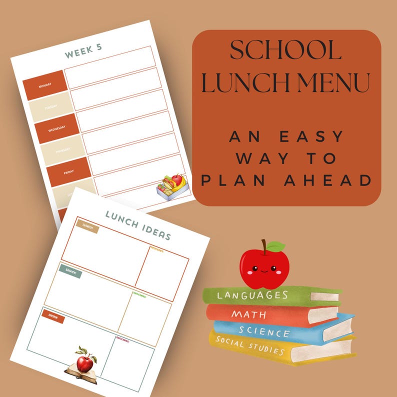 School Lunch Planner Printable: Weekly Menu, Grocery List (instant ...