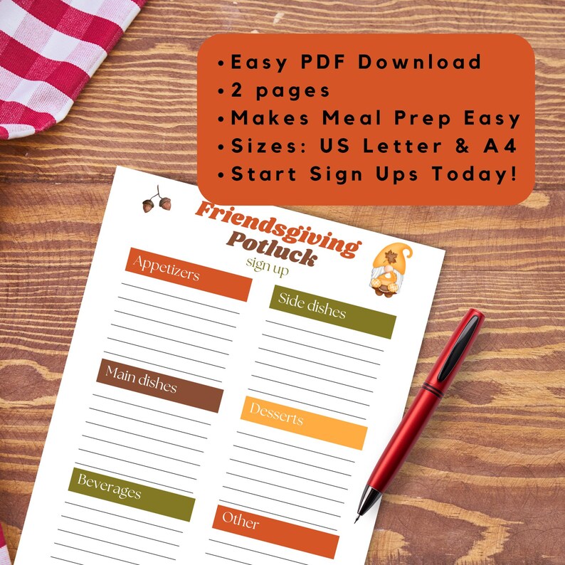 Friendsgiving Potluck Sign-up Sheet: Printable Food List, Thanksgiving ...