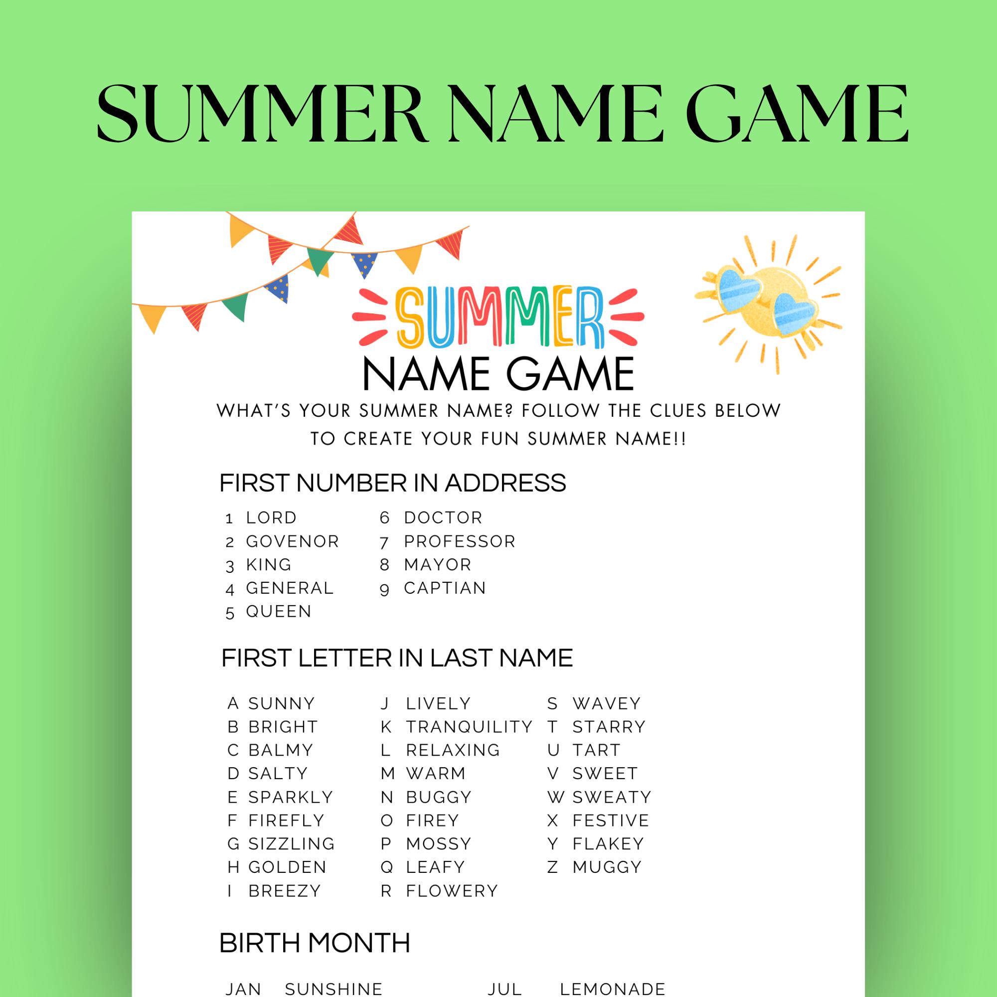Summer Name Game: Printable Party Activity (PDF Download) - Etsy