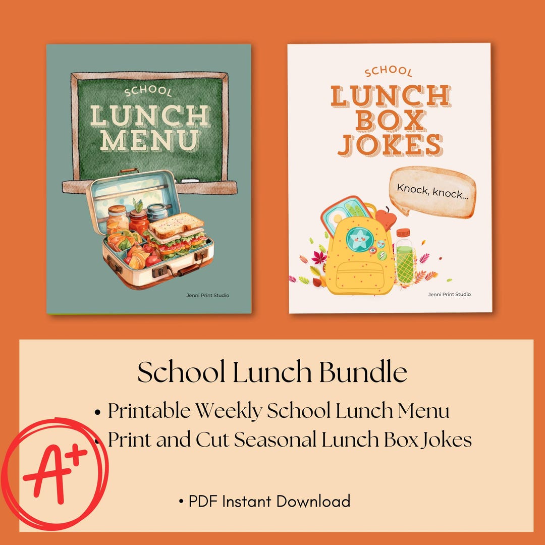 Printable School Lunch Weekly Menu + Kids School Lunch Box Jokes, 96 ...