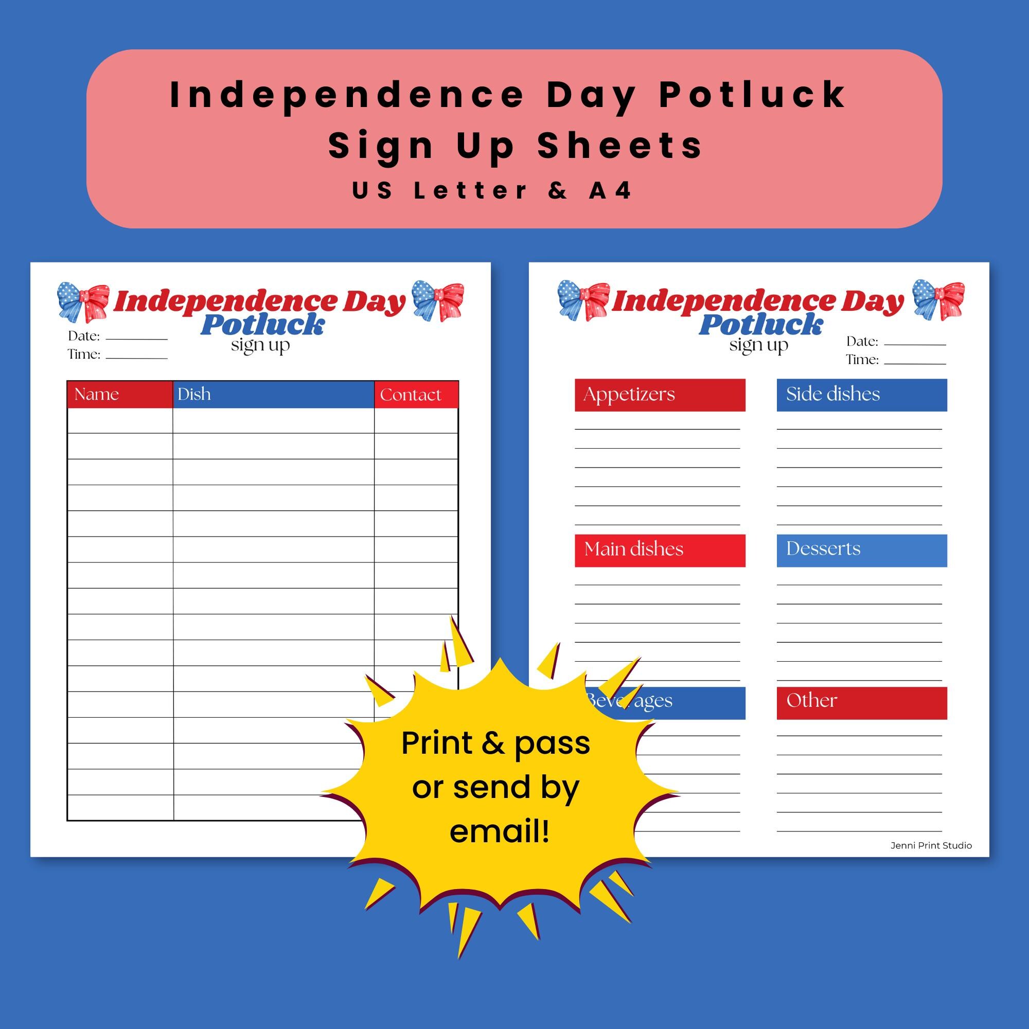 Independence Day Potluck Sign-up Sheet Fillable Printable, July 4th ...