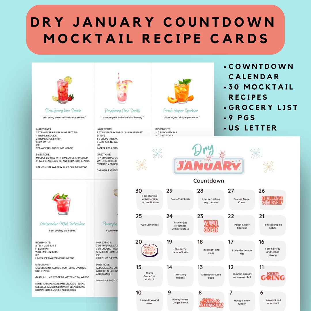 Dry January Countdown, 30 Printable Mocktail Recipe Cards, Non ...