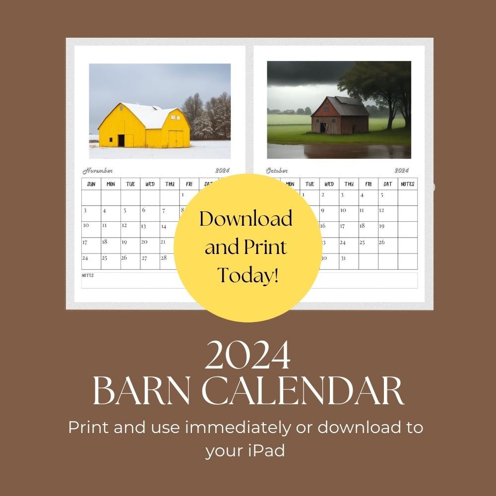 2024 Barn Calendar Printable Instant Download Monthly Desk Calendar ...