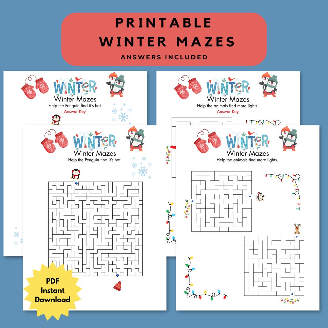 Winter Mazes for Kids, Printable Winter Themed Holiday Activity Pages ...