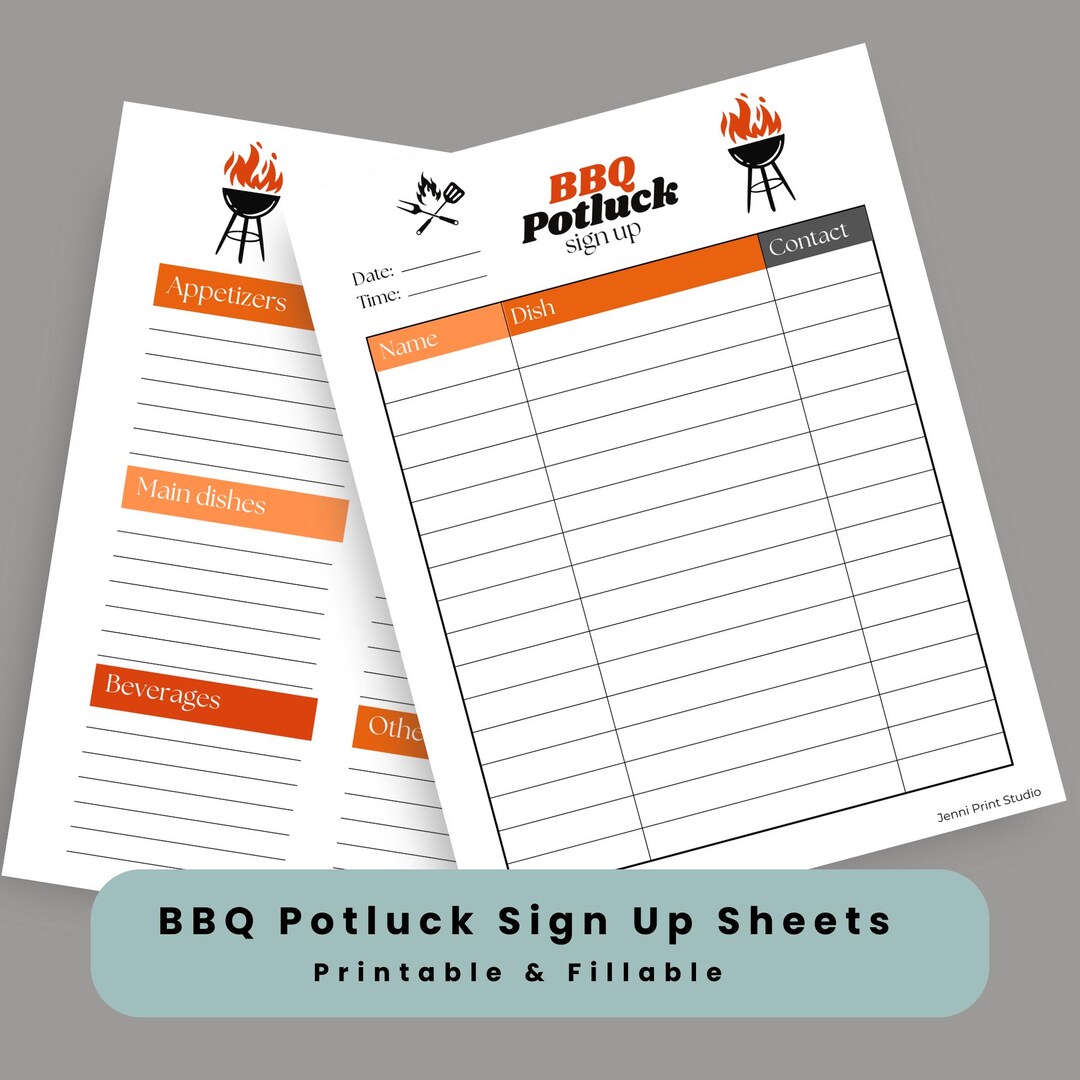 BBQ Potluck Sign-up Sheet, Fillable Editable Printable PDF, Summer ...