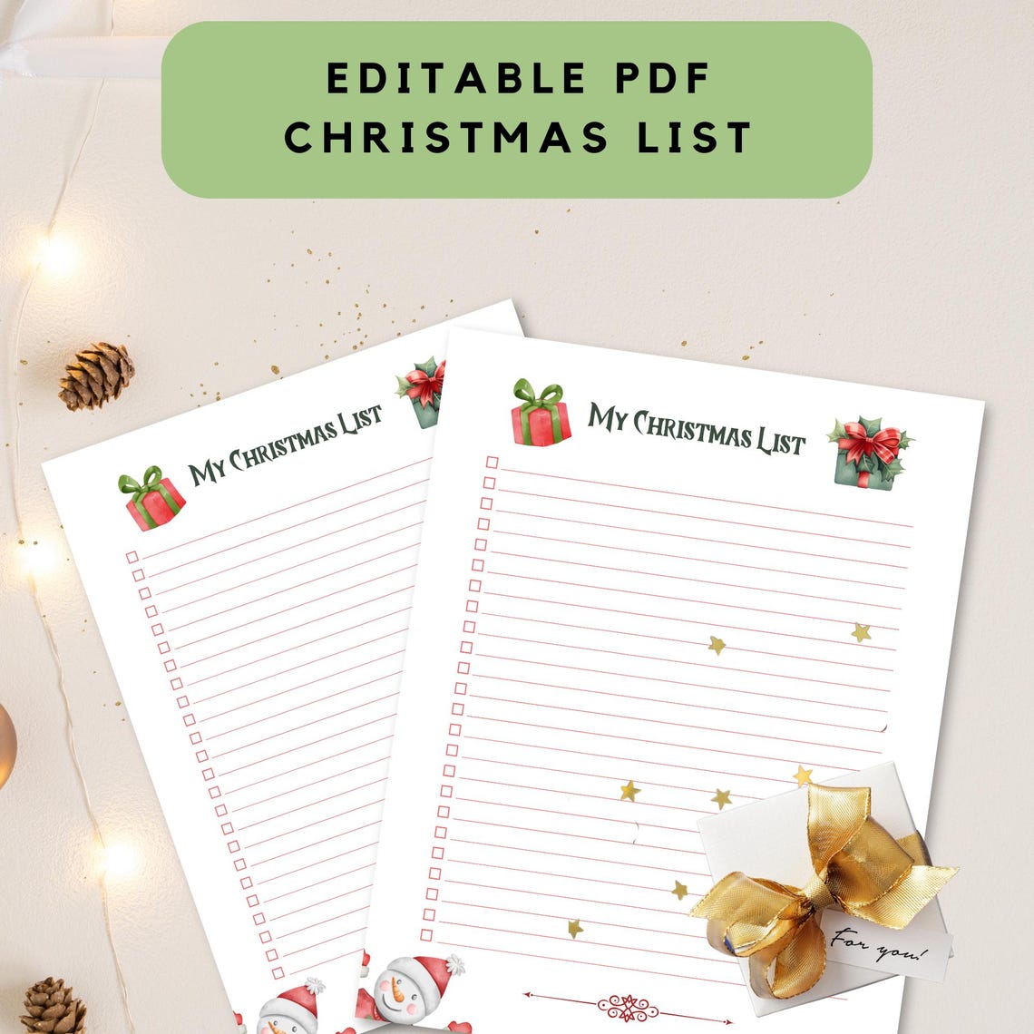 Printable Fillable PDF Christmas List for Gift Giving, Holiday Shopping ...