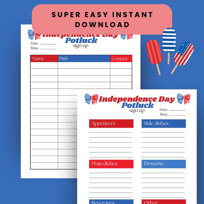 Independence Day Potluck Sign-up Sheet Fillable Printable, July 4th ...