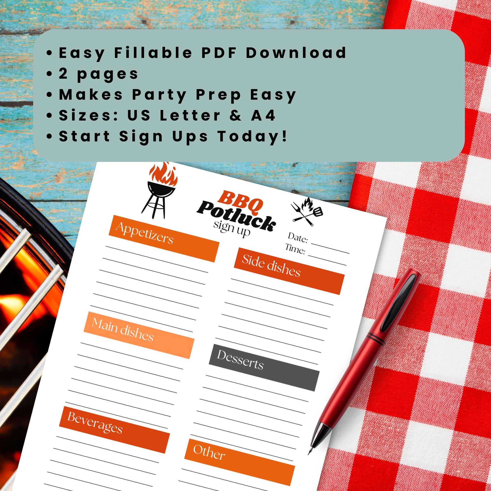 BBQ Potluck Sign-up Sheet, Fillable Editable Printable PDF, Summer ...