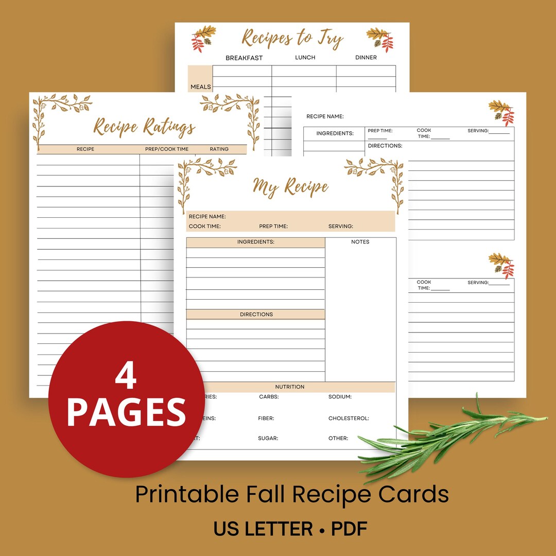 Printable Fall Recipe Cards and Log: Printable, Two Sizes, Autumn, Fall ...