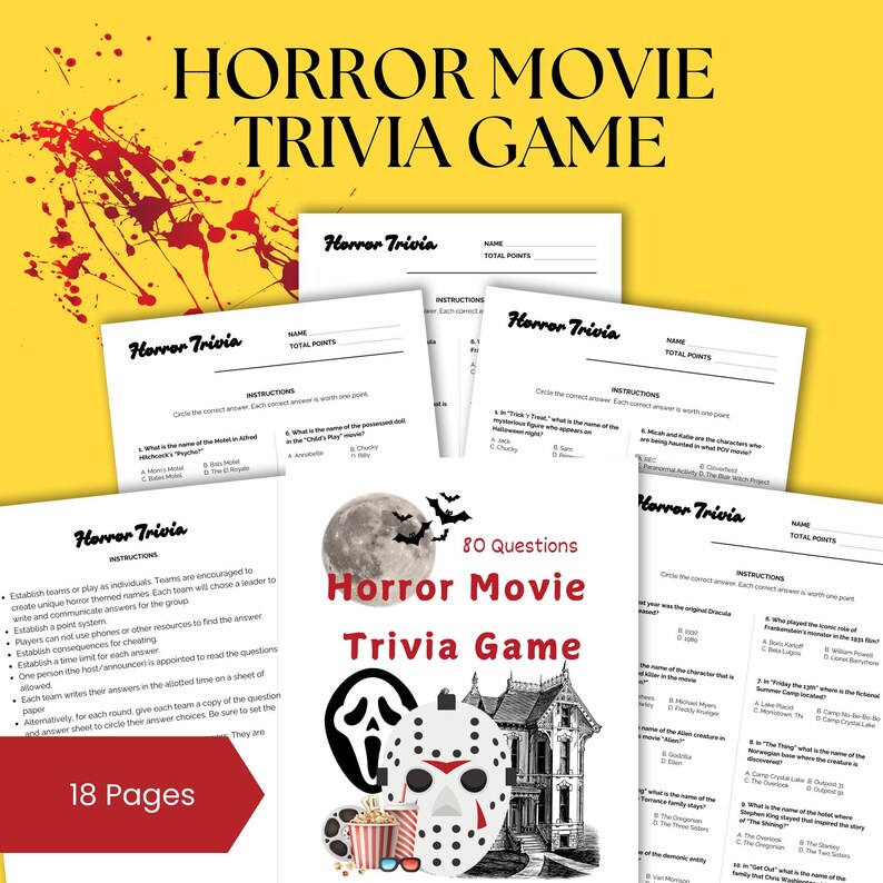 Horror Movie Trivia Game, Printable, 80 Questions, 8 Rounds, Horror ...