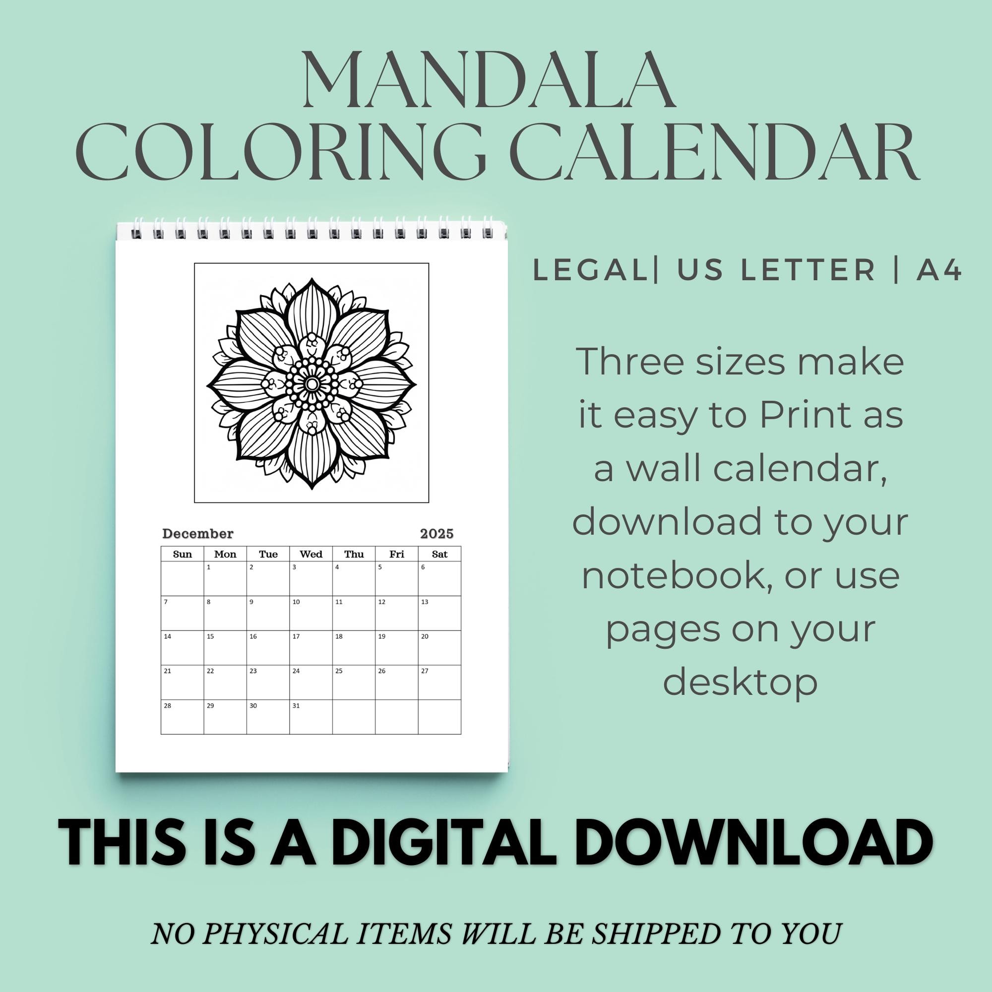 Mandala Coloring Calendar 2025 Printable, Various Sizes, Print Wall ...