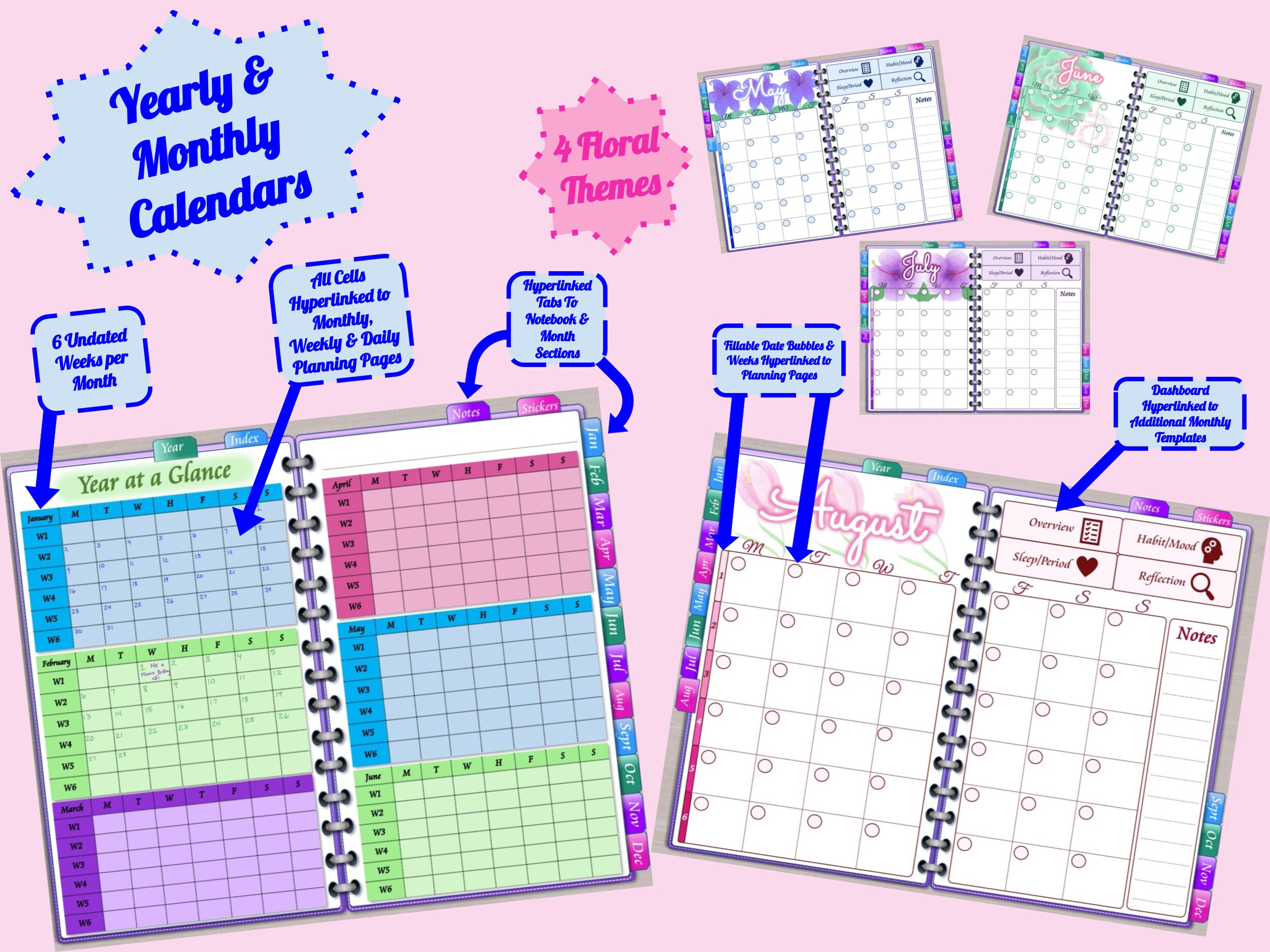 Undated Digital Planner, Floral Themed, Adhd-friendly, Goodnotes, Penly ...