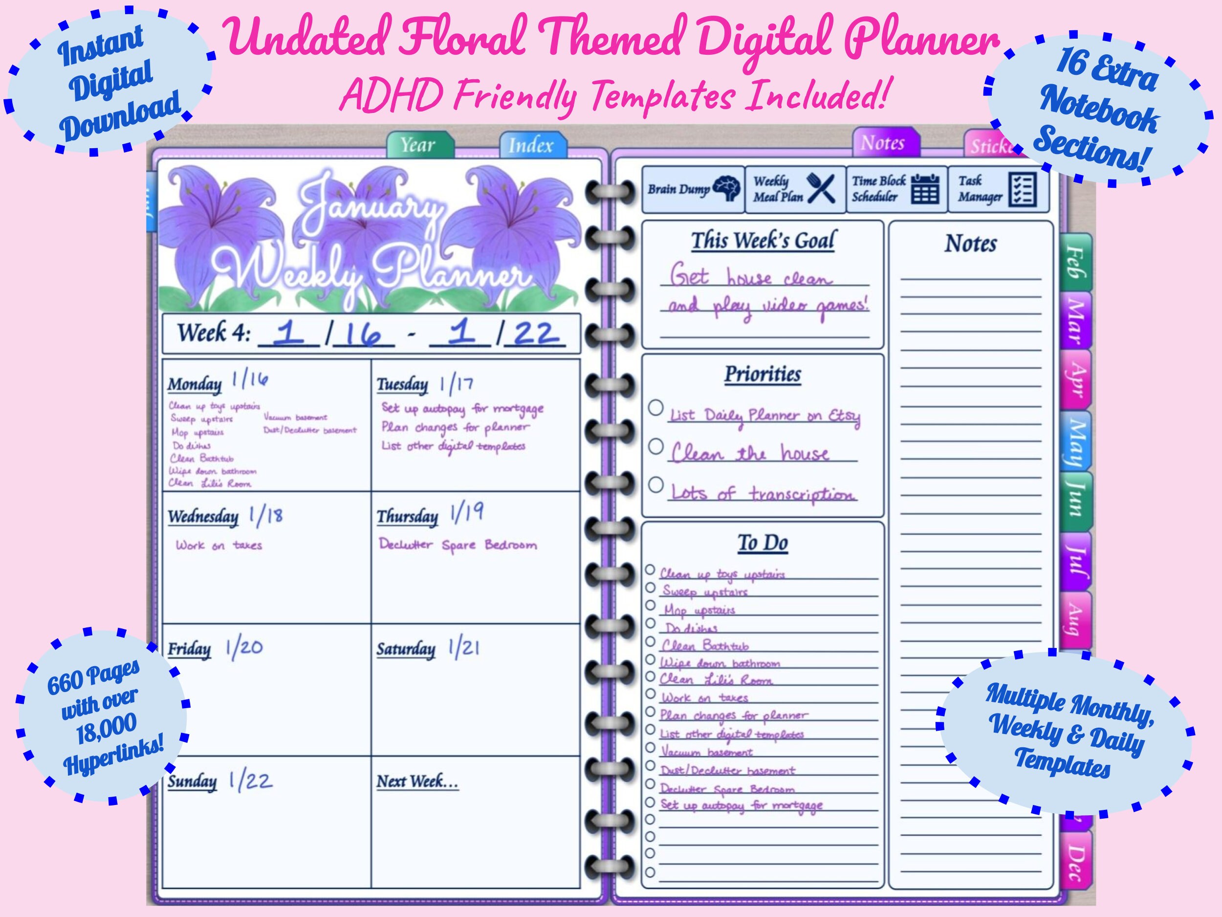 Undated Digital Planner, Floral Themed, Adhd-friendly, Goodnotes, Penly ...