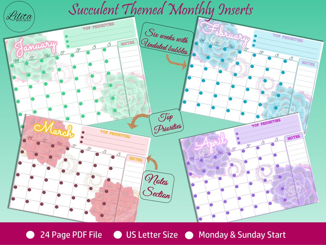 Succulent Flower Themed Printable Monthly Wall Calendar, Undated ...