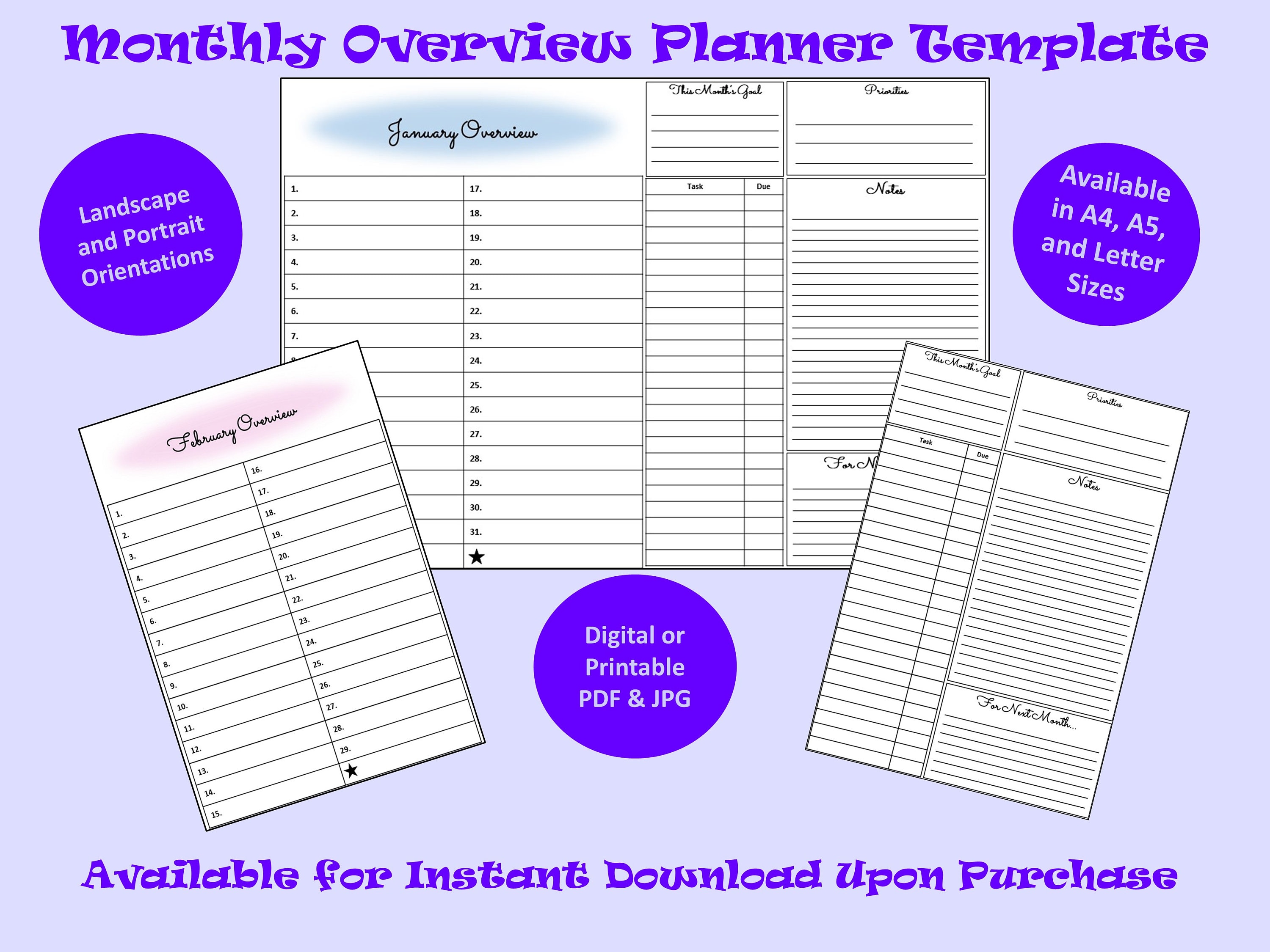 Monthly Overview Planner Template Digital Download Printable Calendar ...