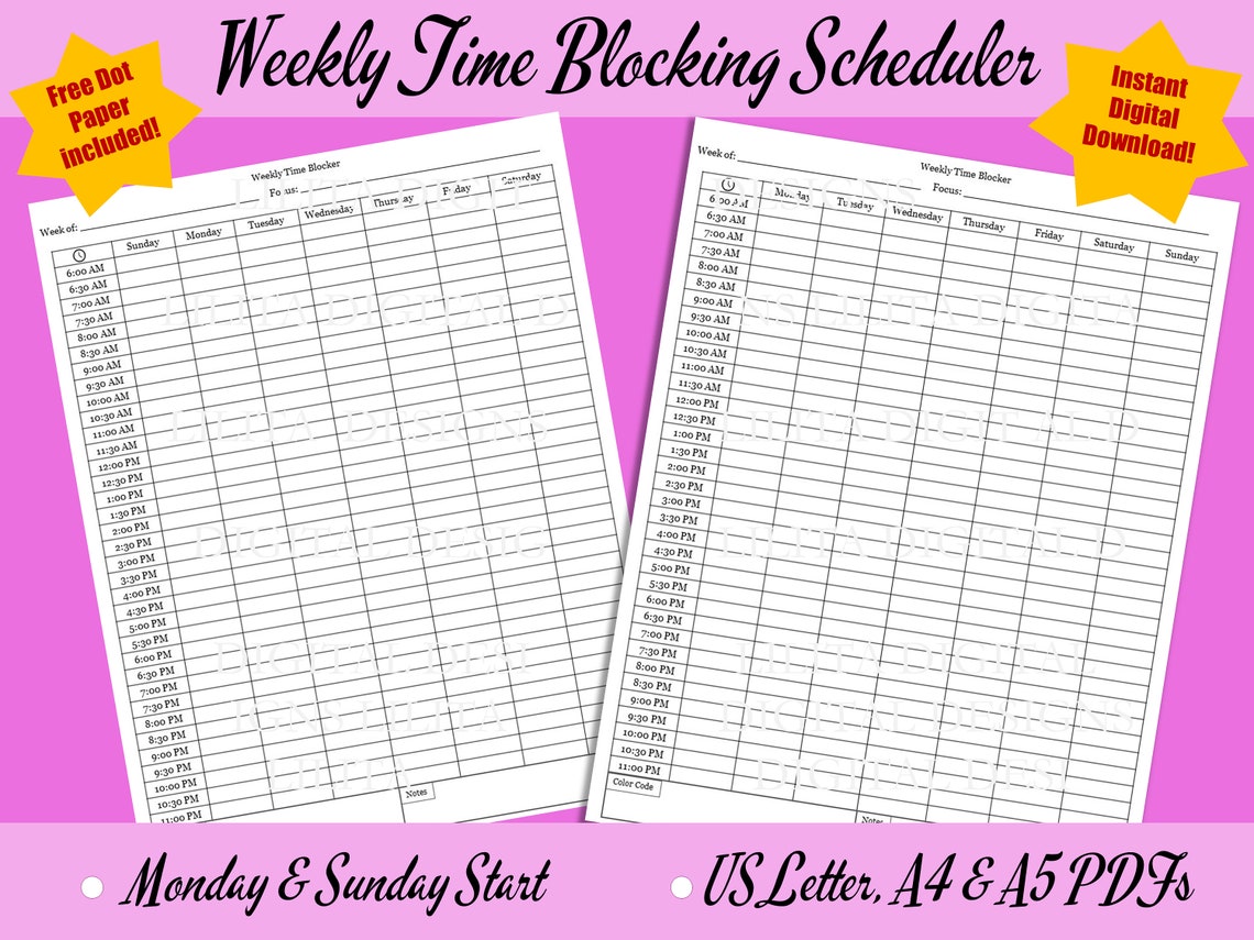 Weekly Time Blocker (half Hour Increments) Digital US Letter, A4 & A5 ...