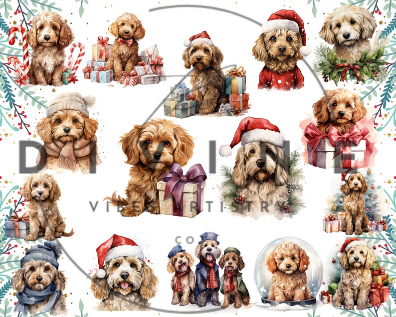 Christmas Cockapoo Clipart Set 16 Watercolor Illustrations Commercial ...