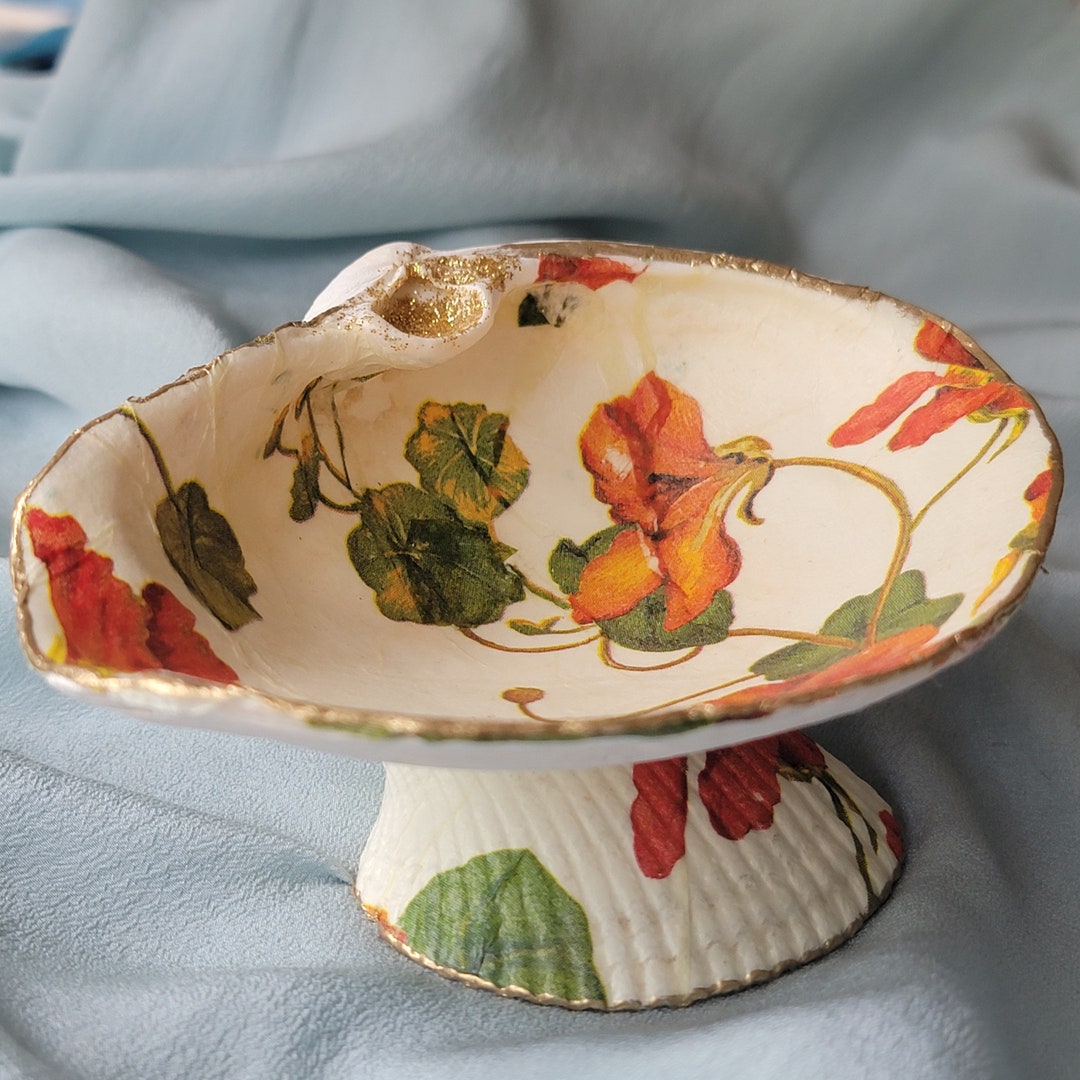 Decoupage Shell Dish-elegant Handmade Gift Nasturtium-jewelry Dish - Etsy