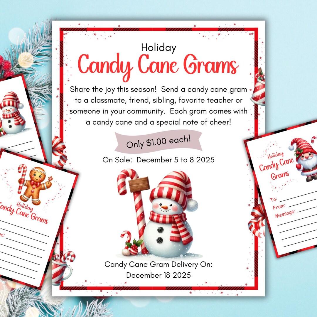 Candy Cane Gram Cards, Holiday Candy Gram Flyer Template Printable, Kit ...