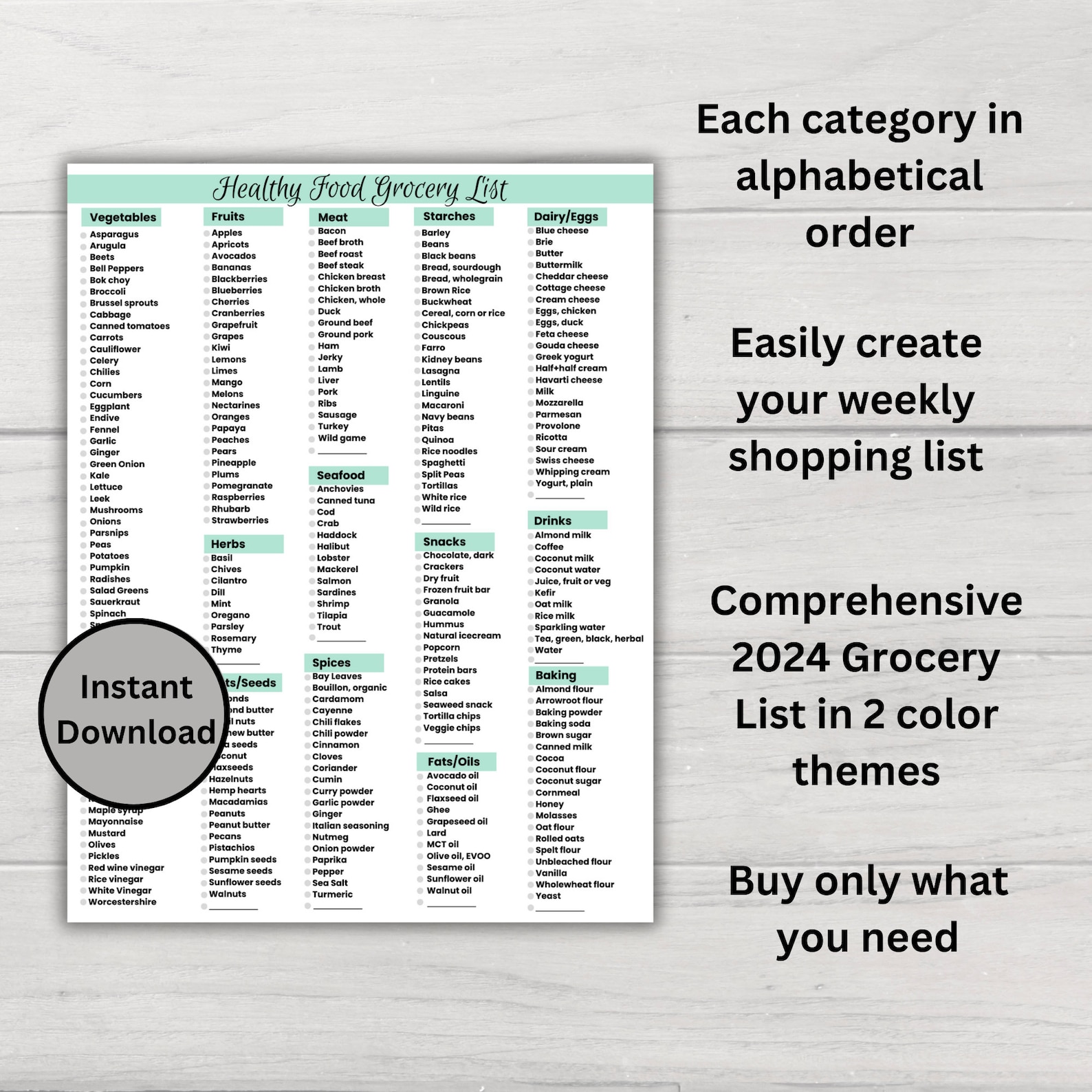 Healthy Eating Printable Grocery List, Healthy Food Guide for Kids ...