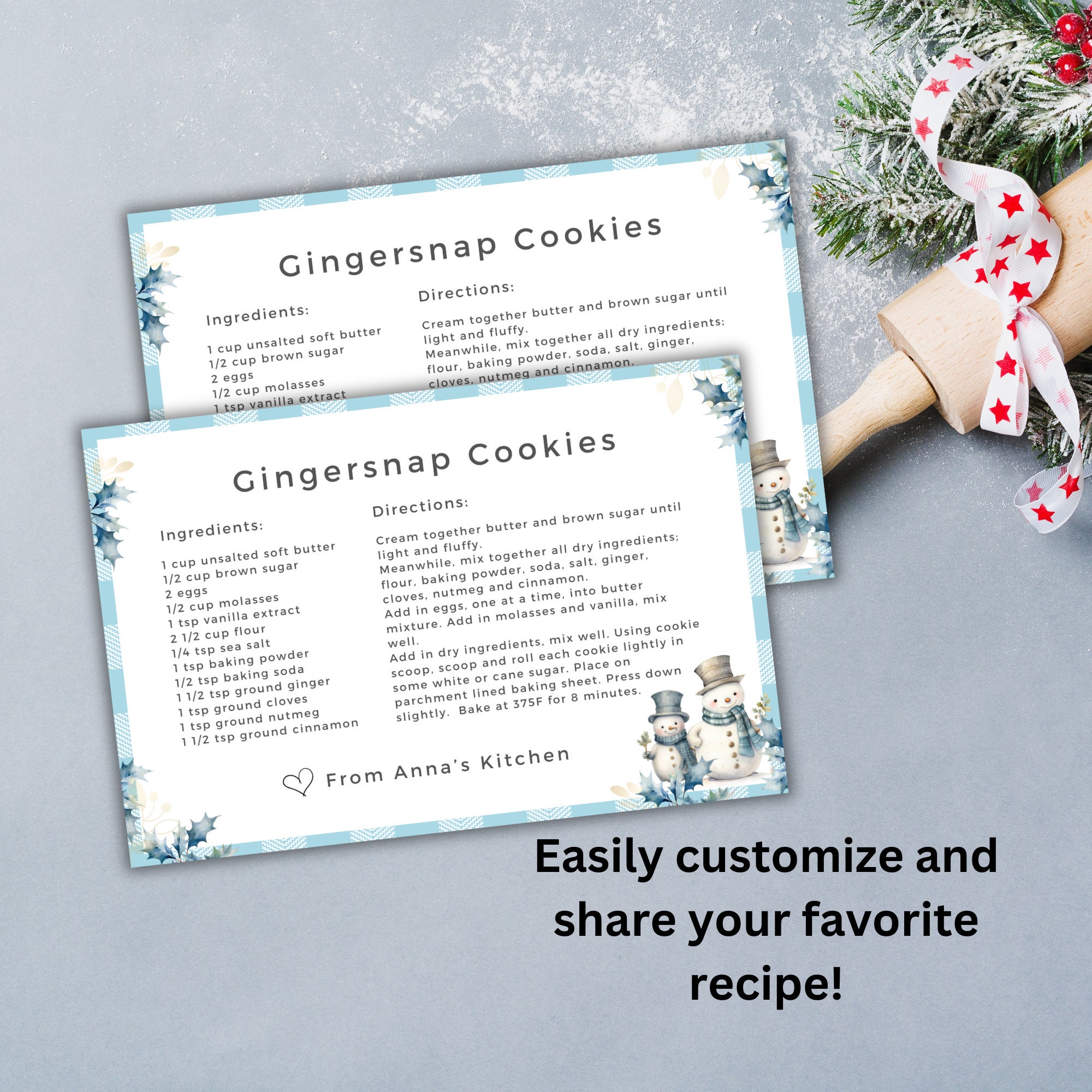 Printable Holiday Recipe Template, Christmas Cookie Recipe Card ...
