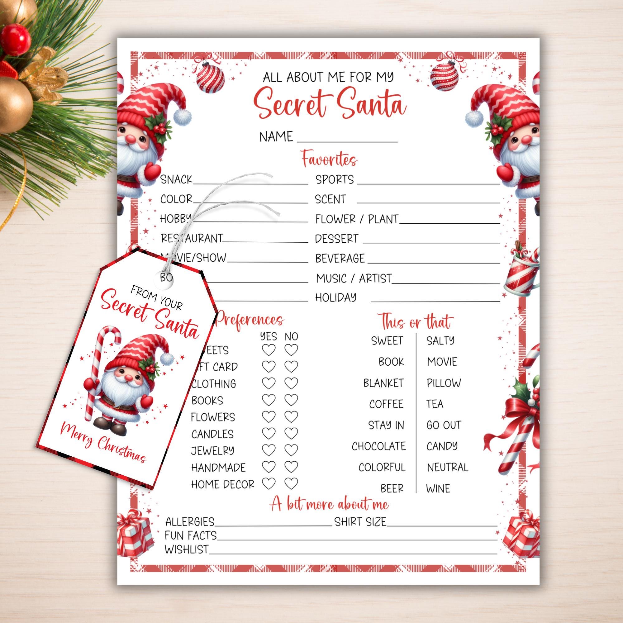 Secret Santa Questionnaire Printable, Gift Exchange Survey and Santa ...