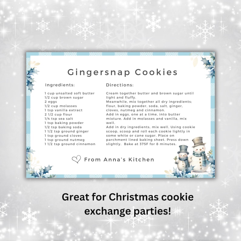 Printable Holiday Recipe Template, Christmas Cookie Recipe Card ...