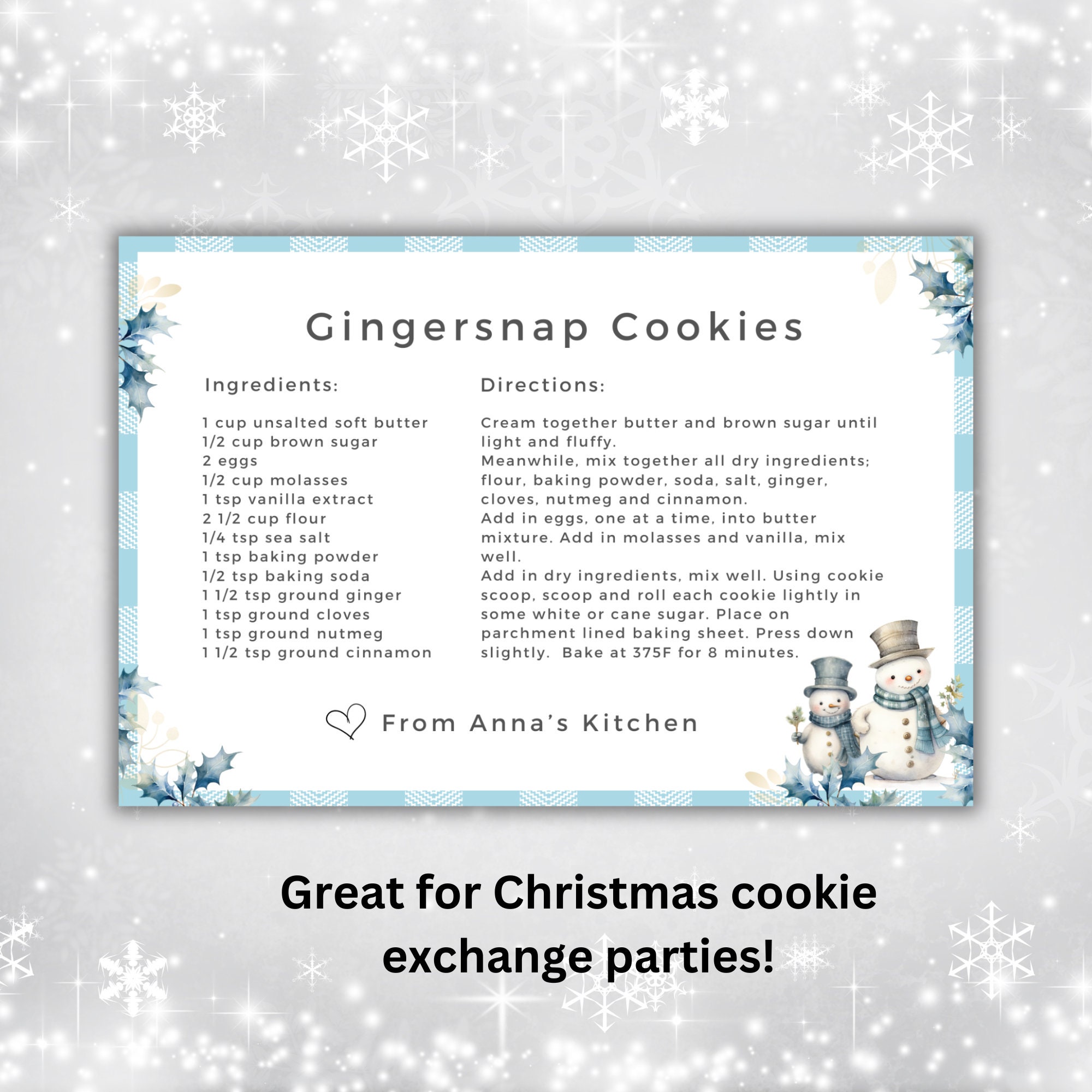 Printable Holiday Recipe Template, Christmas Cookie Recipe Card ...